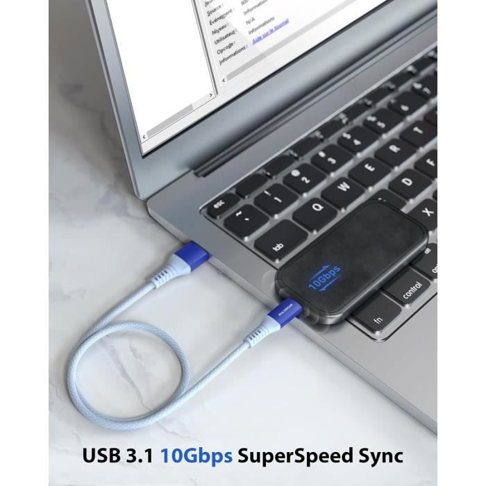 Câble Usb C Court 50Cm-0.5M 2Pack 10Gbps Câble De Données Usb3.2 Gen2 ...