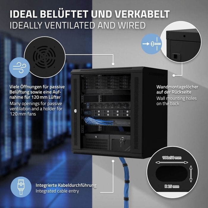 ECD Germany Armoire Réseau 19 Pouces, 12 UH, Noir, Montage Mural ...