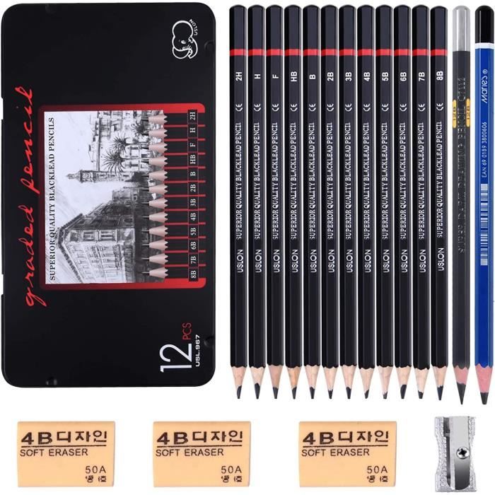 Crayons de Dessin Professionnels Set18 Pièces Set Comprend Taille-Crayon Gomme12B 10B 8B 7B 6B ...