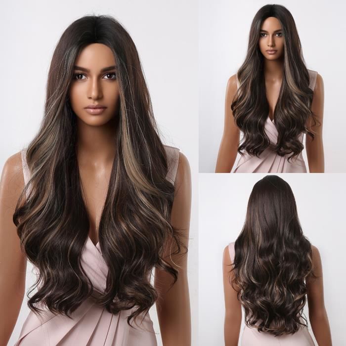 Perruque synthétique ondulée Orange cheveux longs avec frange pour ...