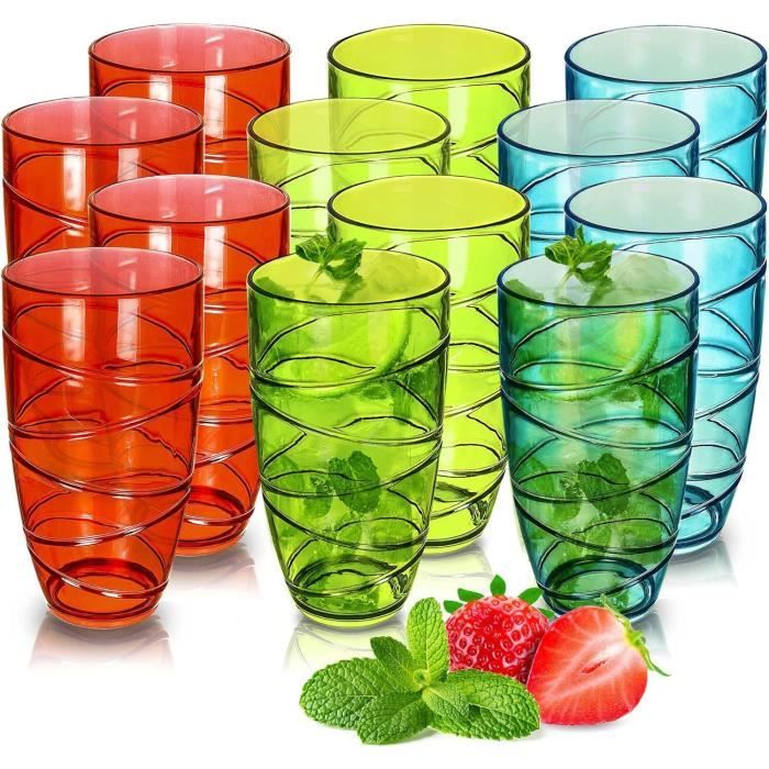 Verre À Eau - Pack De 12 Verres Colorés En Plastique (550 Ml) Lot De ...