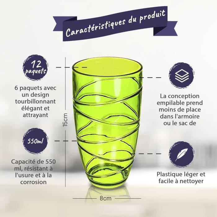 Verre À Eau - Pack De 12 Verres Colorés En Plastique (550 Ml) Lot De ...
