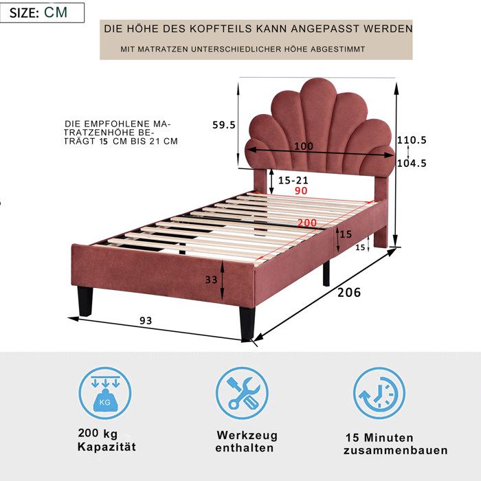 Lit enfant 90x200 cm avec sommier à lattes, structure de lit fille avec ...