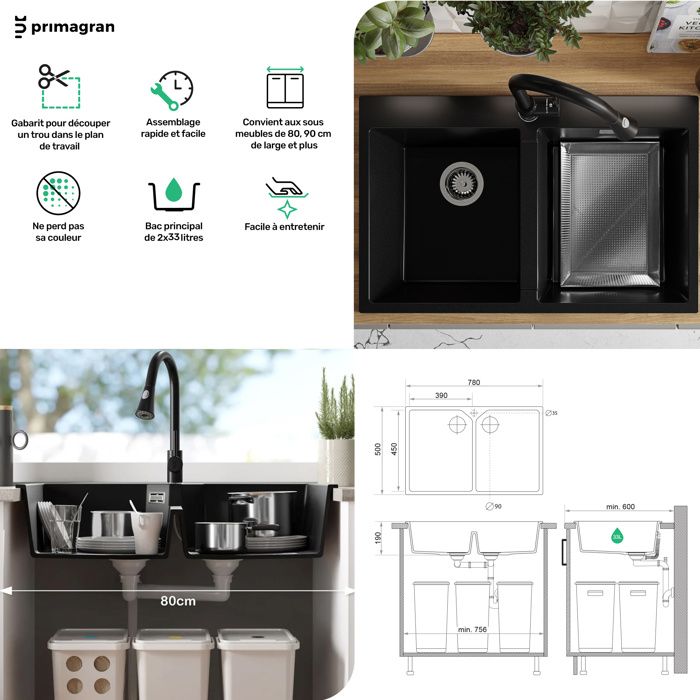 PRIMAGRAN, Evier Cuisine en Granit Tout Blanc 78x50cm, Accessoire ...