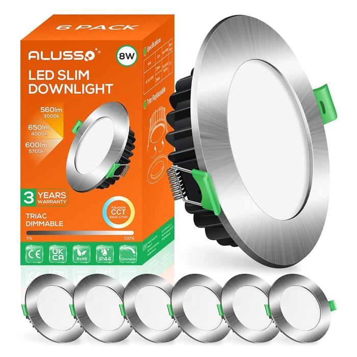 ALUSSO Lot 6 Spots LED Encastrables 8W Dimmable IP44 étanche 3000K-5700K 650lm - Rond Nickel ...