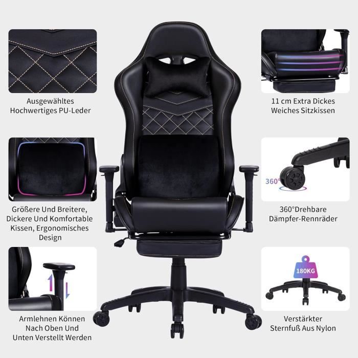 Chaise Gaming Fauteuil de Bureau Gamer Ergonomique PC avec Repose Pieds ...