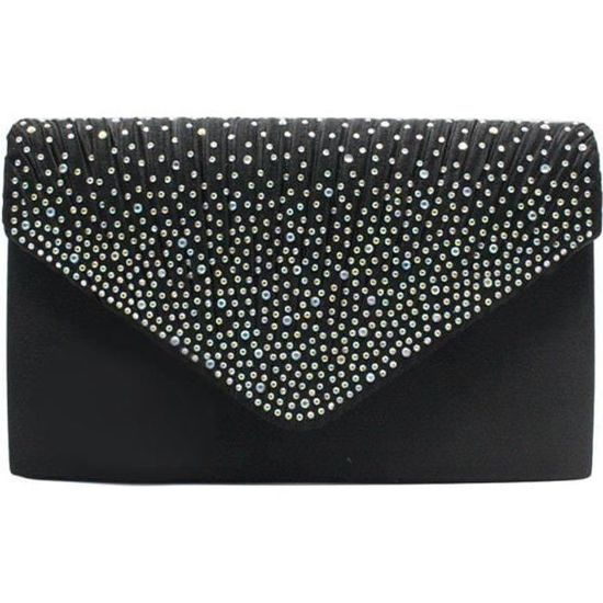 SKY-Pochette Sac à Main Enveloppe Strassé Brillant Noir pour Soirée ...