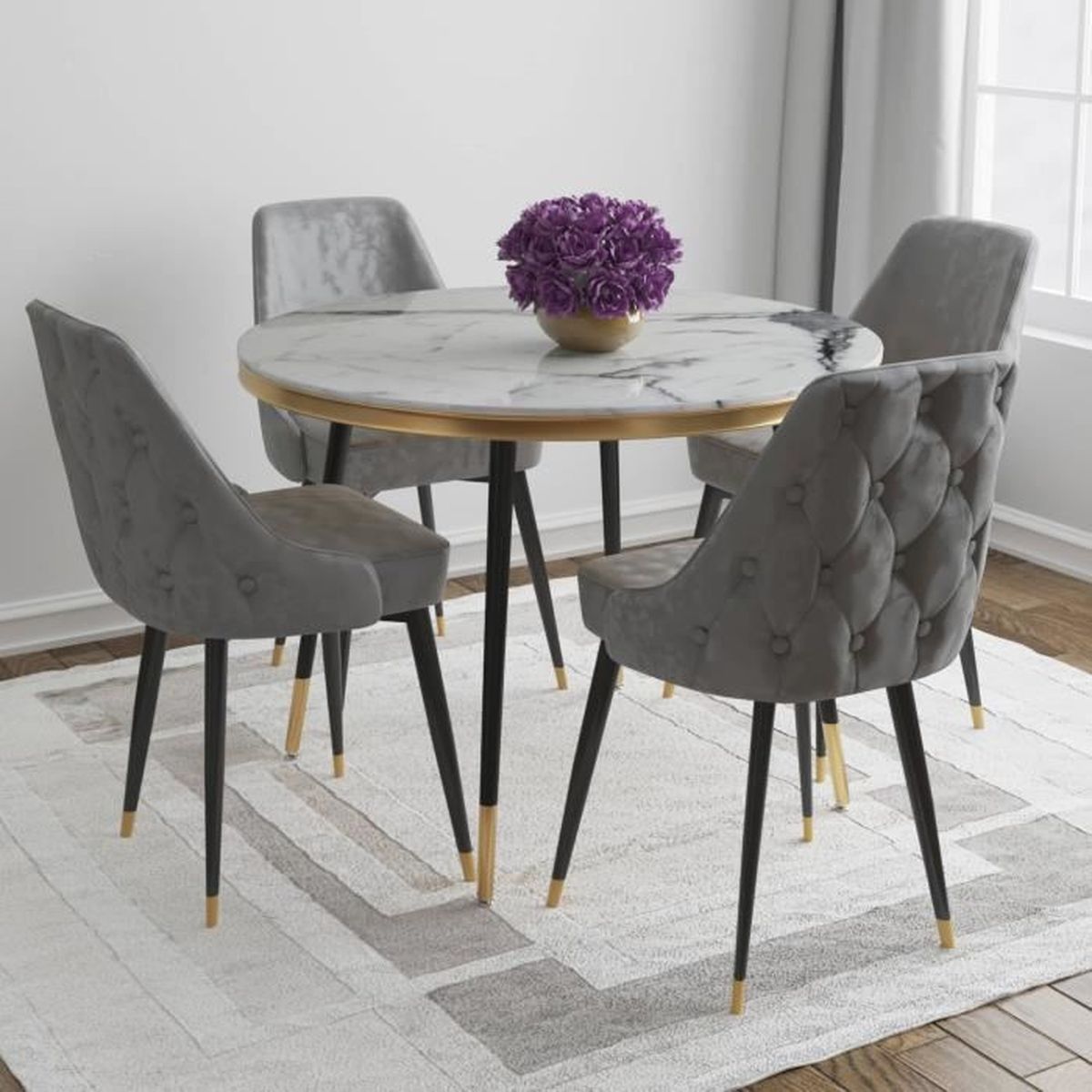 Table à manger ronde en verre trempé aspect marbre blanc et doré LORIE ...