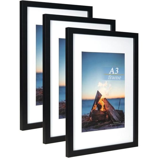 Lot De 3 Cadres Photo A3 En Bois Noir Avec Passe-Partout Pour Photo Ou ...