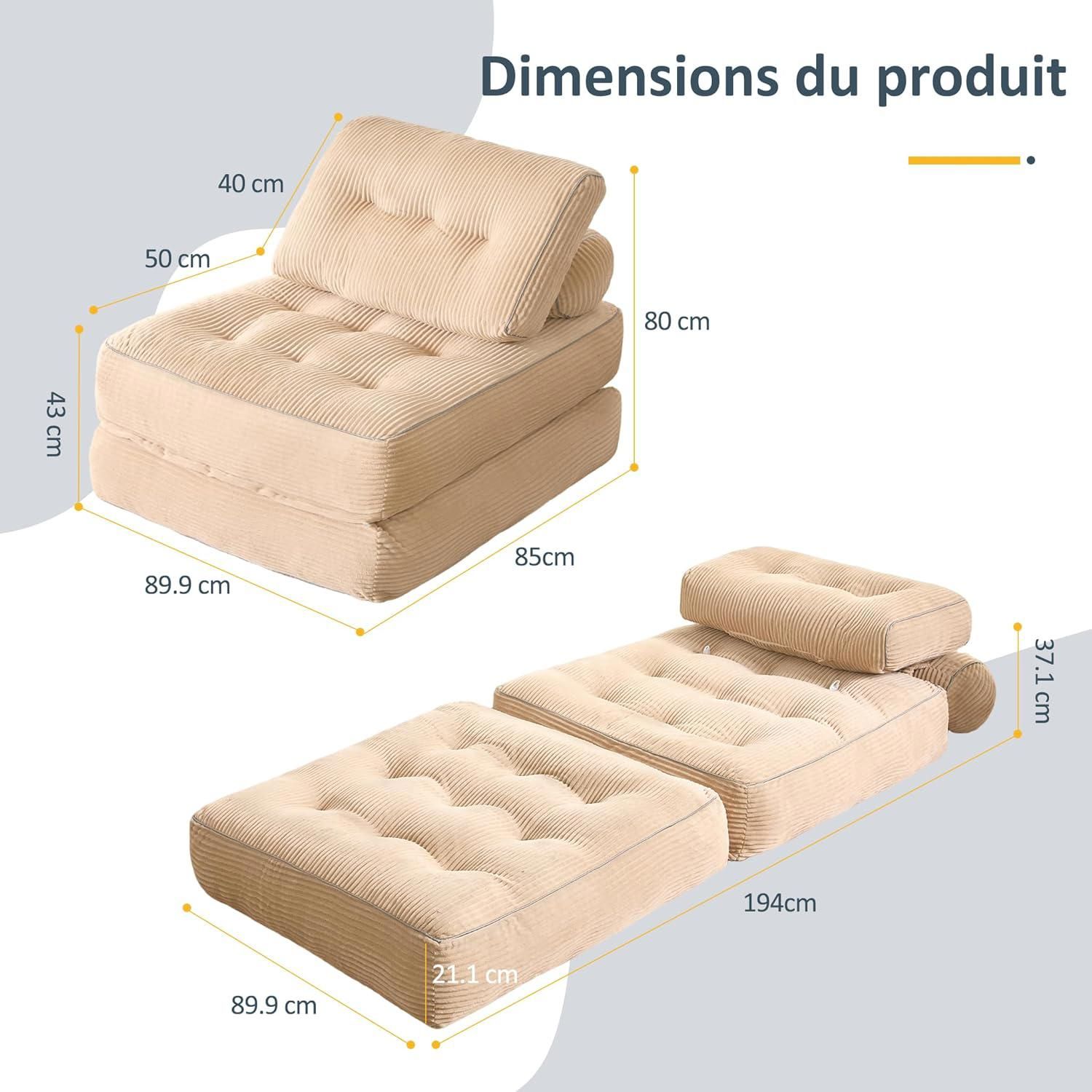 Litbird Canapé Lit 4-en-1 Pliable – Fauteuil Convertible, Canapé Type ...