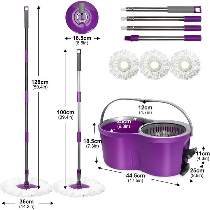 Seau essoreur à pédale et balai à franges, Microfibre, Essoreur 360°, 3 ...