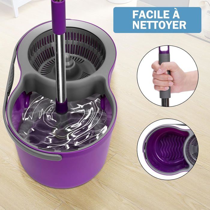 Seau essoreur à pédale et balai à franges, Microfibre, Essoreur 360°, 3 ...