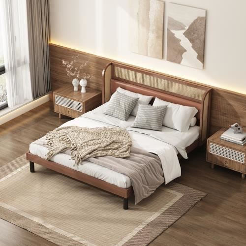 Lit double moderne WEEYIN - 160x200 cm - avec coussin en PU et rotin ...