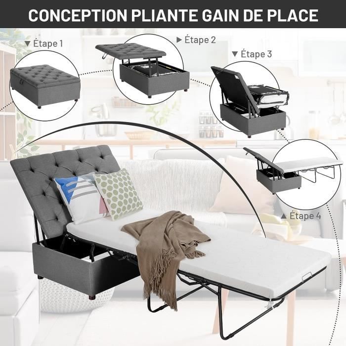COSTWAY Lit Pliant 1 Personne Convertible à Bout de Lit Capitonnée, Lit d'Appoint avec Matelas ...