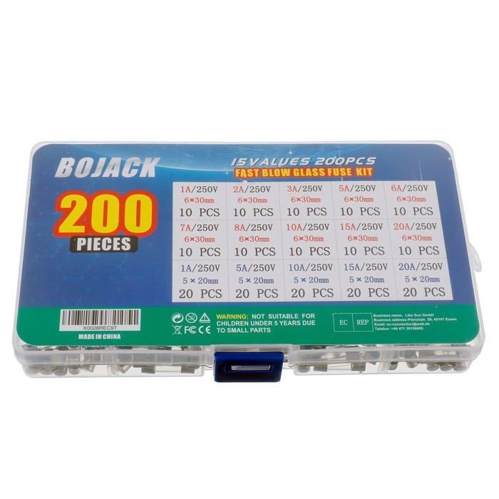 BOJACK 15 valeurs 200 pièces Kit d'assortiment de fusibles en verre à fusion rapide 5x20mm 250V ...
