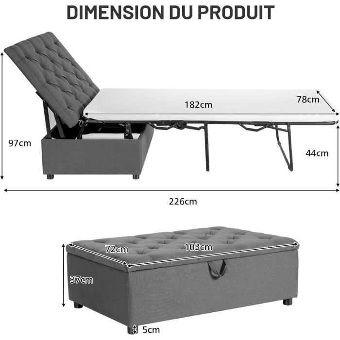 COSTWAY Lit Pliant 1 Personne Convertible à Bout de Lit Capitonnée, Lit ...