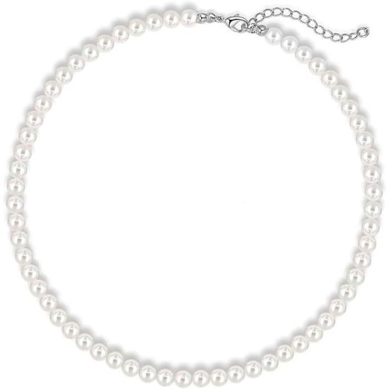 Collier Perles Blanches 6 Mm Pour Femmes Longueur Réglable 45 + 5 Cm ...