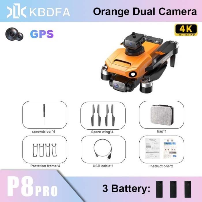 Orange-GPS-4K-3B-KBDFA Drone P8 Pro Avec Caméra 8K HD Pour Touriste ...