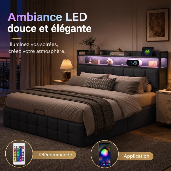 Lit Coffre 160x200 CM avec Sommier LED et Prise USB Tpye C - Rangement ...