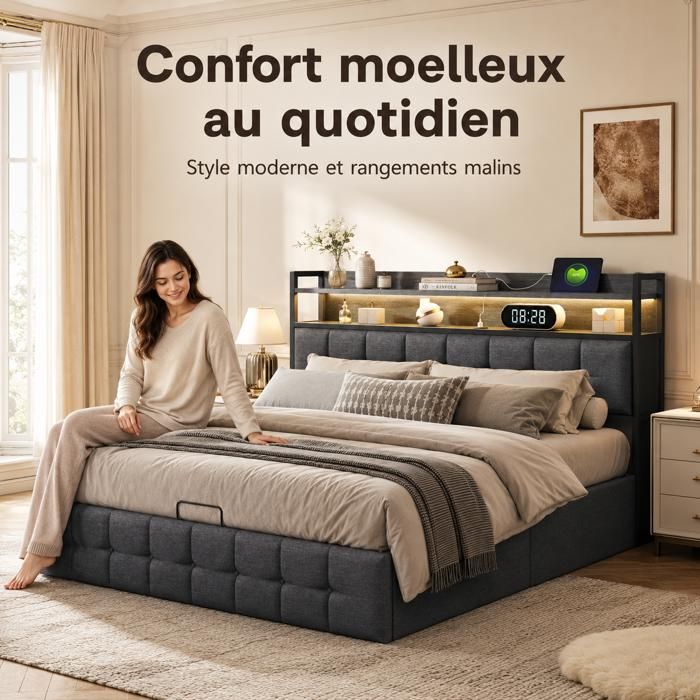 Lit Coffre 160x200 CM avec Sommier LED et Prise USB Tpye C - Rangement ...