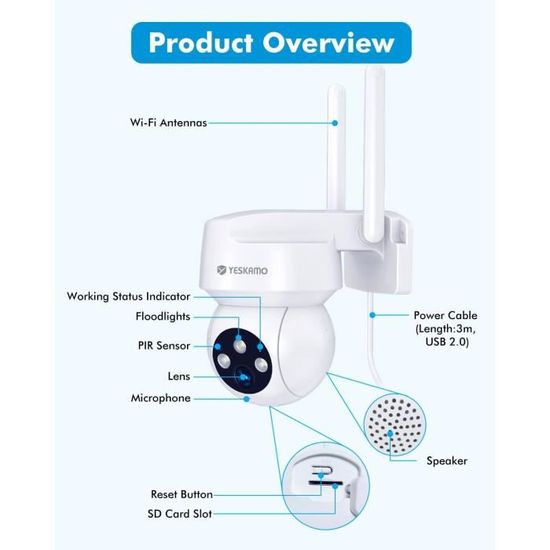 YESKAMO 2K Camera Surveillance WiFi exterieure sans Fil WLAN 360 ...