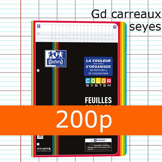 200 pages Feuilles simples OXFORD Color System A4 Grands carreaux Séyès ...