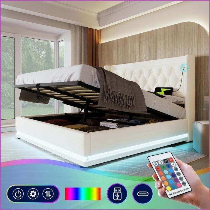 Fond de Lit Double 160x200 cm Blanc PU - Rangement Hydraulique, USB-C ...