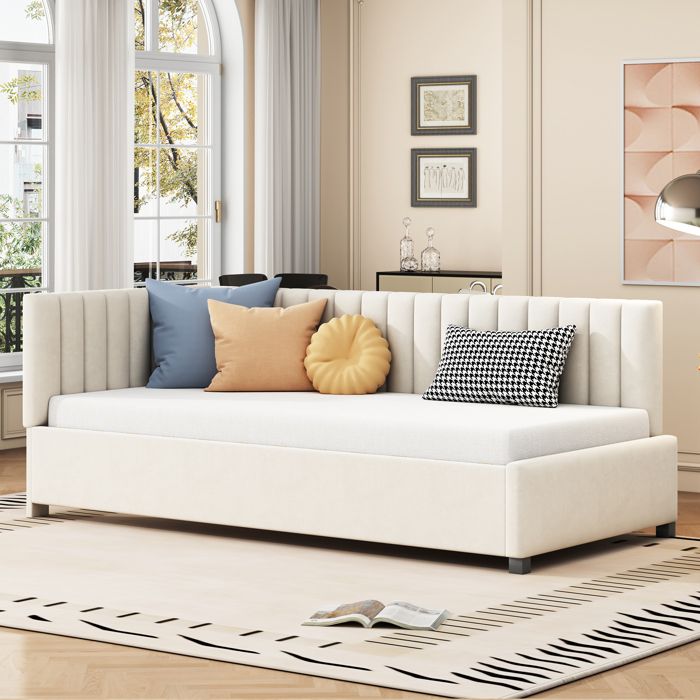 Lit banquette convertible 90x200 avec sommier à lattes Beige Maisentiel ...