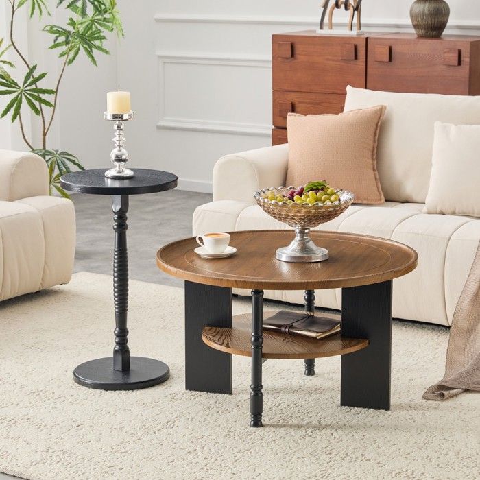 Ensemble 2 tables basses rondes noyer noir table salon chambre avec ...