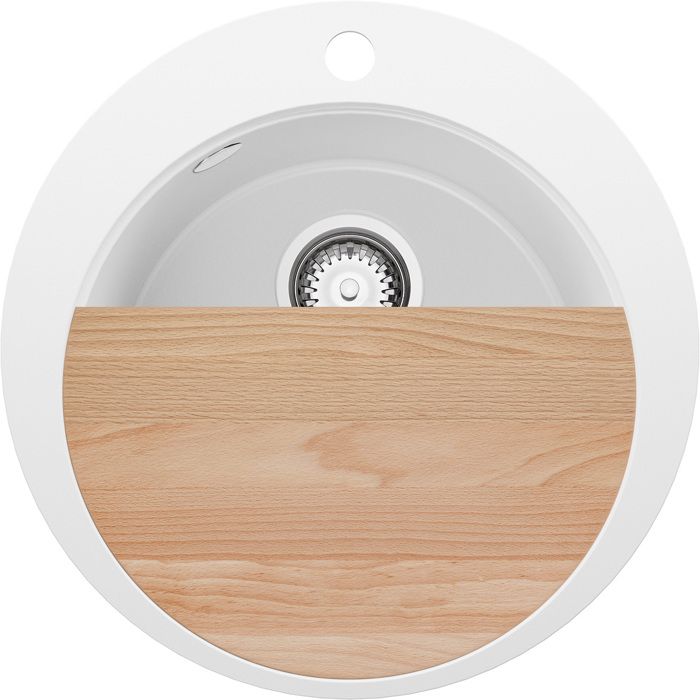 Evier Cuisine en Granit Rond Blanc, 50 x 50 cm, Évier 1 bac + Kit de ...