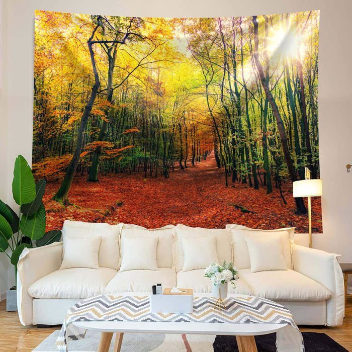 Soleil coucher de soleil forêt arbre tapisserie tenture murale literie ...