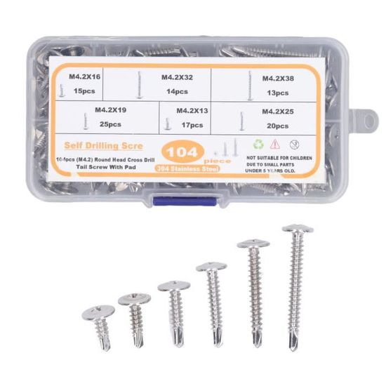 YOSOO Vis auto-perceuse 104 pièces vis autoperceuse à tête ronde en acier au carbone avec tampon ...