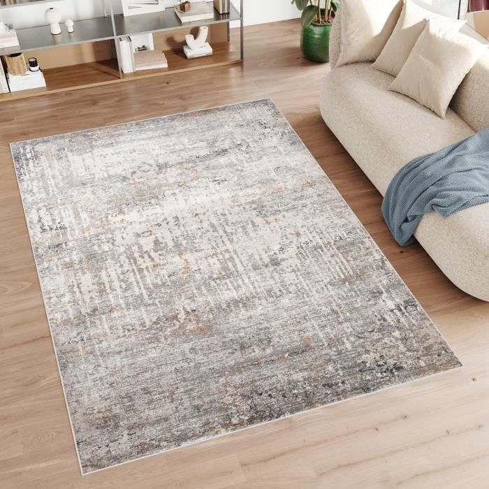 TAPISO Tapis Salon Poil Court FEYRUZ Gris Beige Tacheté Polypropylène ...