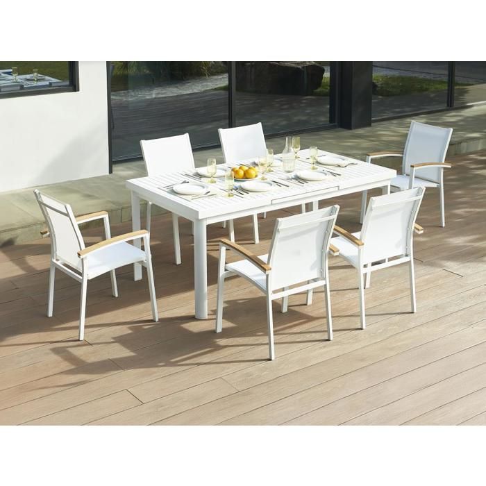Salle à manger de jardin en aluminium : une table extensible L.180/240cm et 6 fauteuils ...