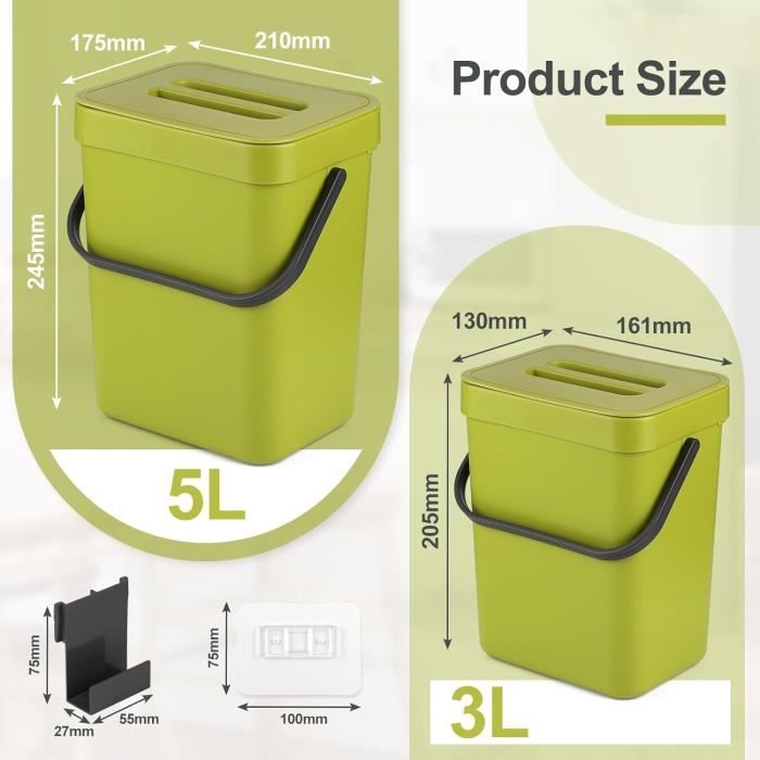 Poubelle À Compost De Cuisine (5L+3L), Poubelle À Déchets Organiques Suspendue, Bac De Rangement ...