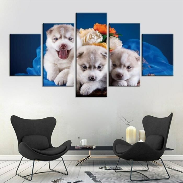 Acv-16618 Husky 5 panneaux de décoration moderne chiot chien toile ...