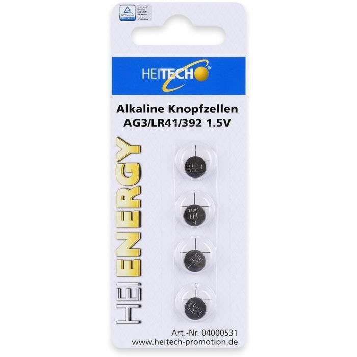Heitech Lot De 4 Piles Boutons Alcalines Ag3 1,5V - Lr41 - L736 - Lr736 - Sr41 - Sr736W - Sr41W ...