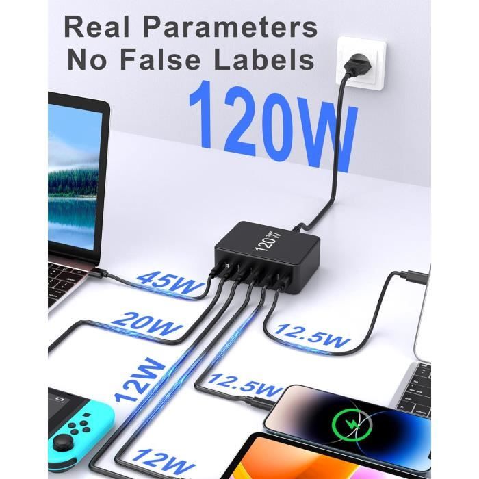 Chargeur USB Multiple, 120W 6-Port Chargeur USB C Charge Rapide, 3Type ...
