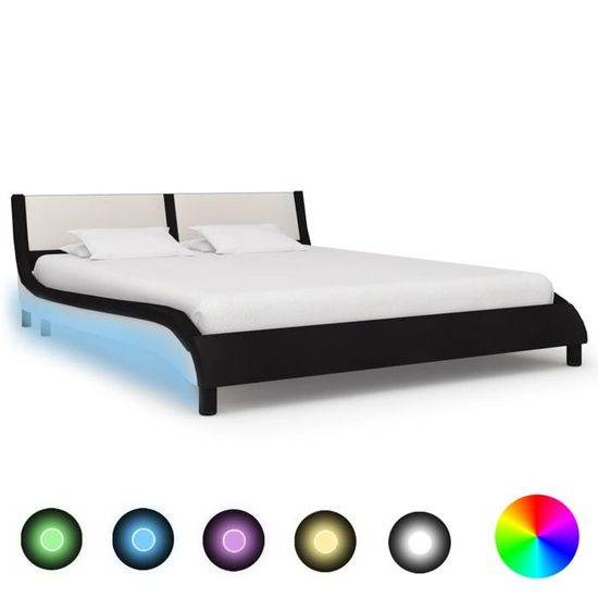 VidaXL Cadre de lit avec LED Noir et blanc Similicuir 180 x 200 cm ...