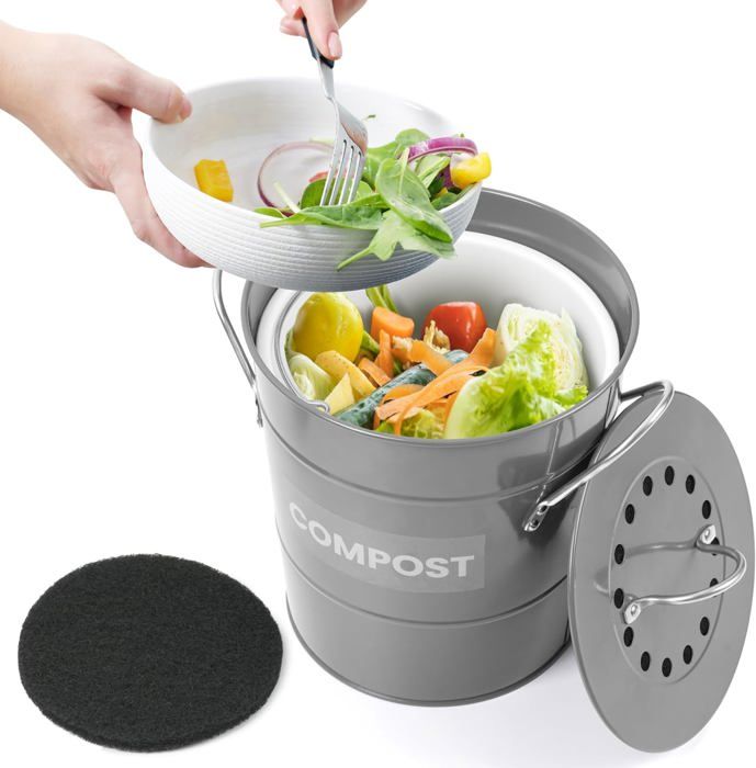 Gris Composteur Cuisine Gris 4 l - Seau Compost Cuisine Anti-Odeurs ...