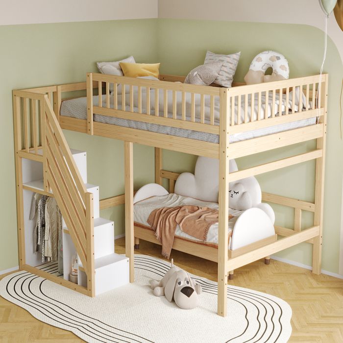 Lit mezzanine - DREAMMESPACE - 140x200cm - Bois massif - Escalier avec ...