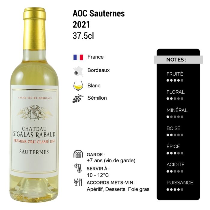Château Sigalas Rabaud Sauternes 1er Cru Classé DEMI-BOUTEILLE 2021 ...