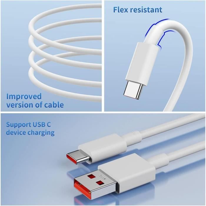 Câble USB-C 1M Charge Rapide 6A pour Xiaomi Redmi 9, 9T, 10C, Redmi 12 ...