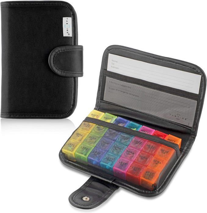 Pilulier avec sacoche noire (Italien) Tabtime, hebdomadaire 7 jours pilulier avec 28 ...