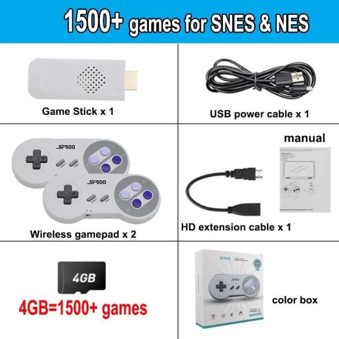 Console de jeu vidéo rétro SF900 1500 avec boîte et manette sans fil ...