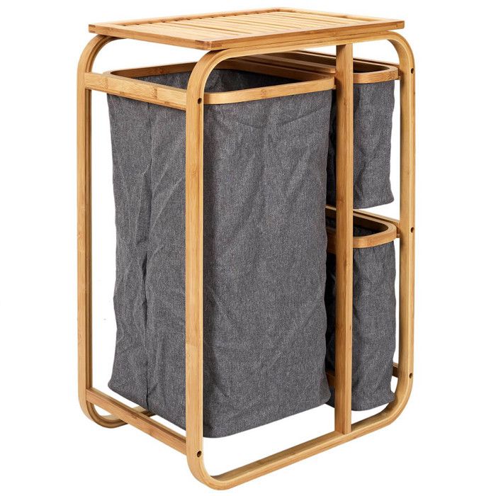 LAZEN - Rangement à 3 Panières en Bambou et Tissu Gris - Cdiscount Maison