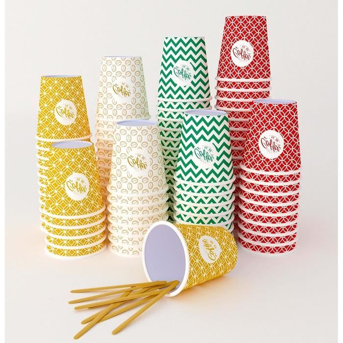 7 Oz, 200 Multicolore Espresso Gobelets En Carton Avec Agitateurs En Bois,Écologique ,Jetables ...
