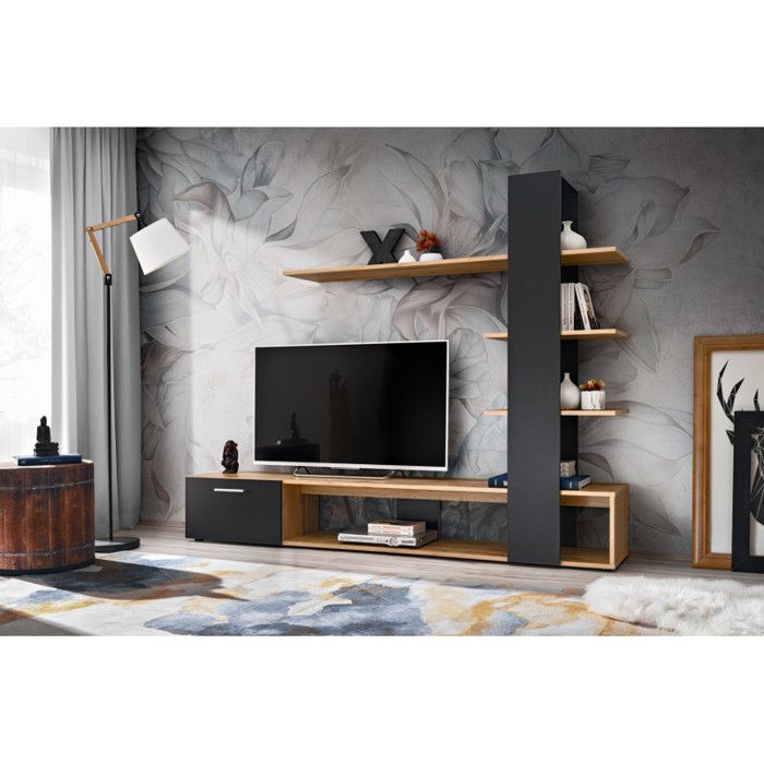 Composition murale "Eco" pour TV en bois - Gris/beige - H 152 x P 35 x L 190 cm - Cdiscount Maison