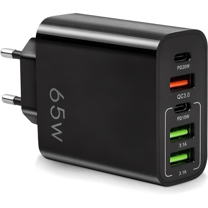 Chargeur Rapide Multi Usb C 65W Prise - 2 Usb-C + 2 Usb + 1 Qc 3.0 (5 Ports) Compatible Apple ...