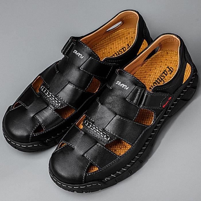 Sandales Homme Cuir Plates Ete Respirante INSFITY - Noir - Bout Fermé ...